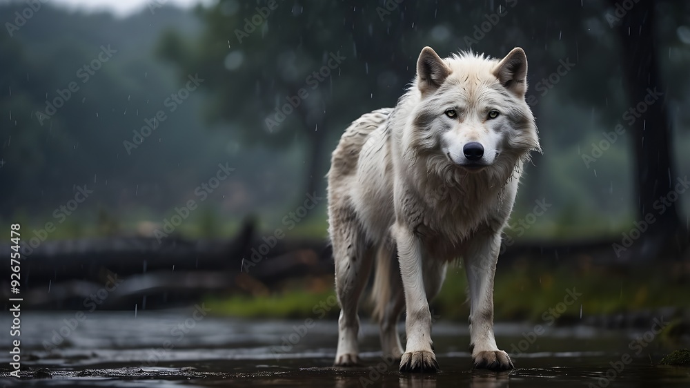 "A striking white wolf stands in the rain, its fur shimmering as it ...