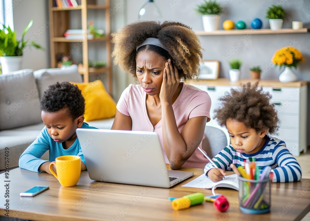 African American single mother feeling stressed out while working at ...