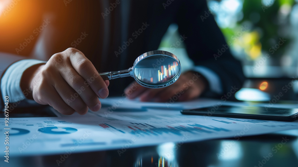 A scene of a corporate auditor holding a magnifying glass over a ...