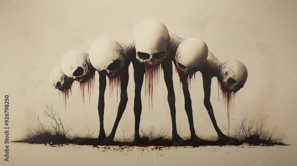 Grotesque Multi-Headed Creatures with Bleeding Eyes in a Nightmarish ...