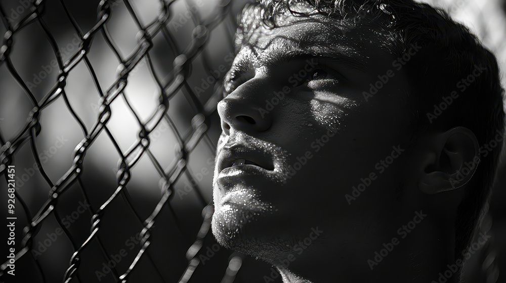 Silhouette of Upset Young Man Behind Fence, Expressing Emotions of ...
