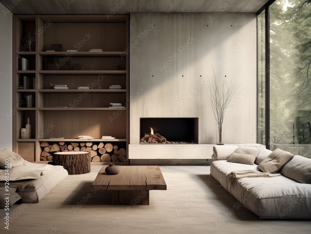 Wabi sabi japanese style rustic interior living room in neutral with ...