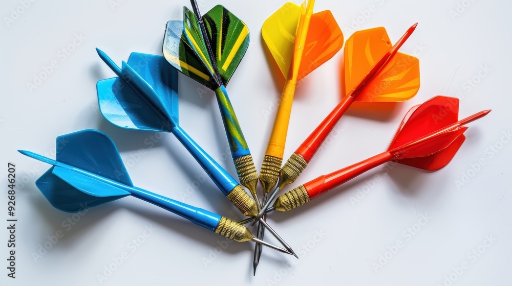 Six colorful sharp darts lying on a white background representing ...
