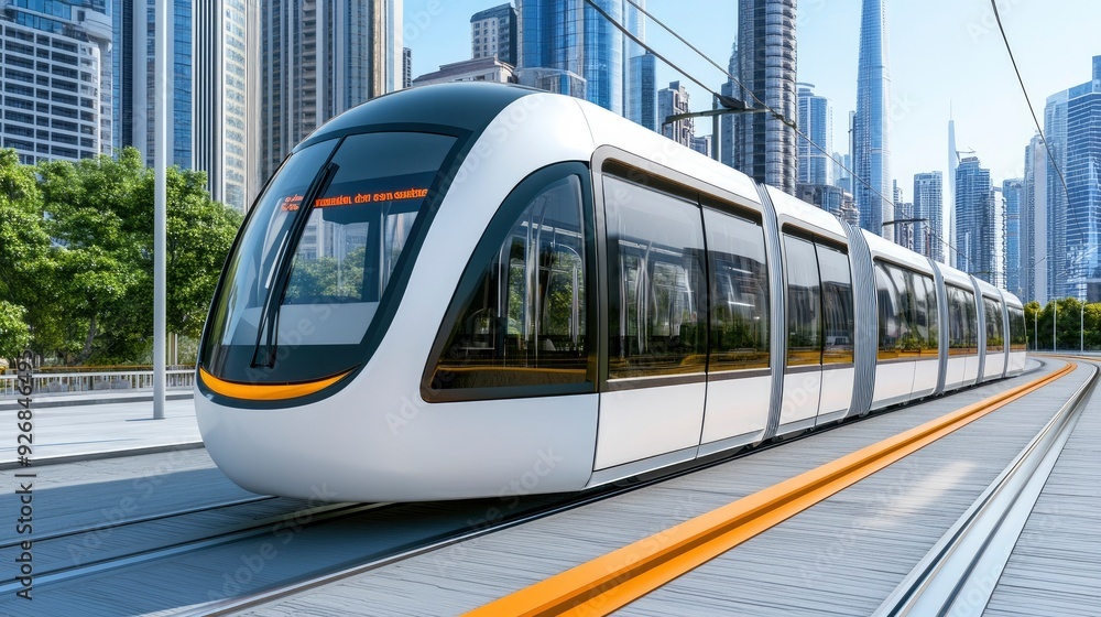 Electric-powered autonomous tram, moving along tracks, through a ...