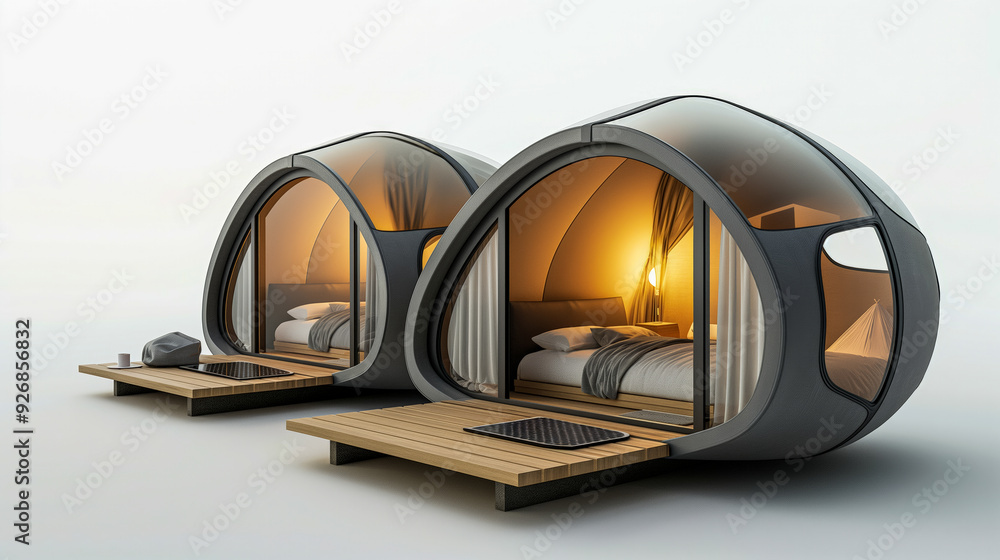 Futuristic glamping pods with large glass fronts and warm interior ...