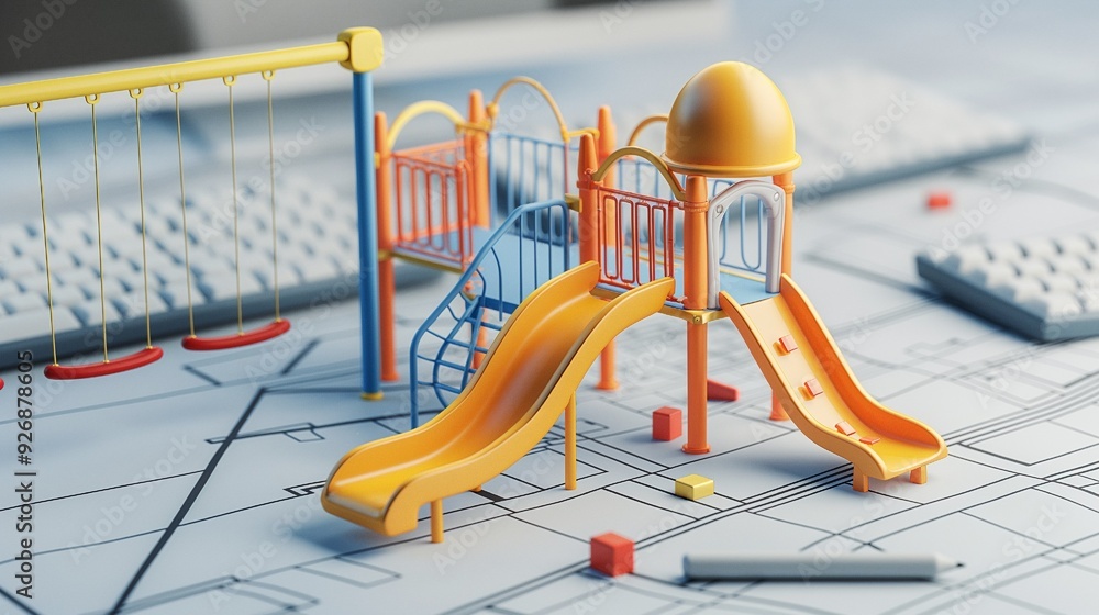 Playground slider and swing set on blueprints, computer keyboard, and ...