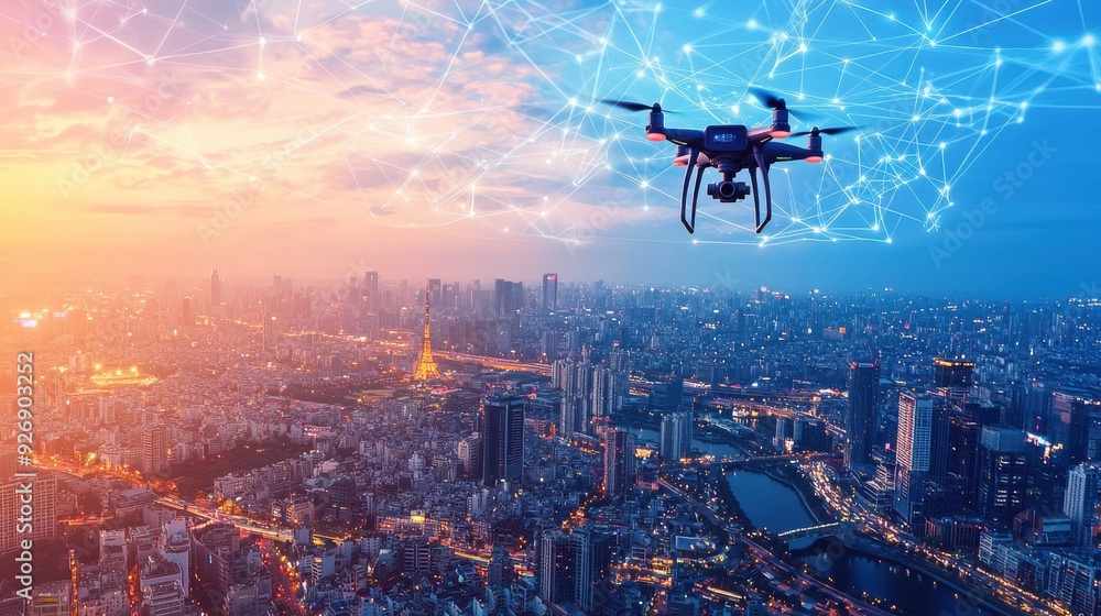 An autonomous drone flying over a smart city capturing real-time data ...