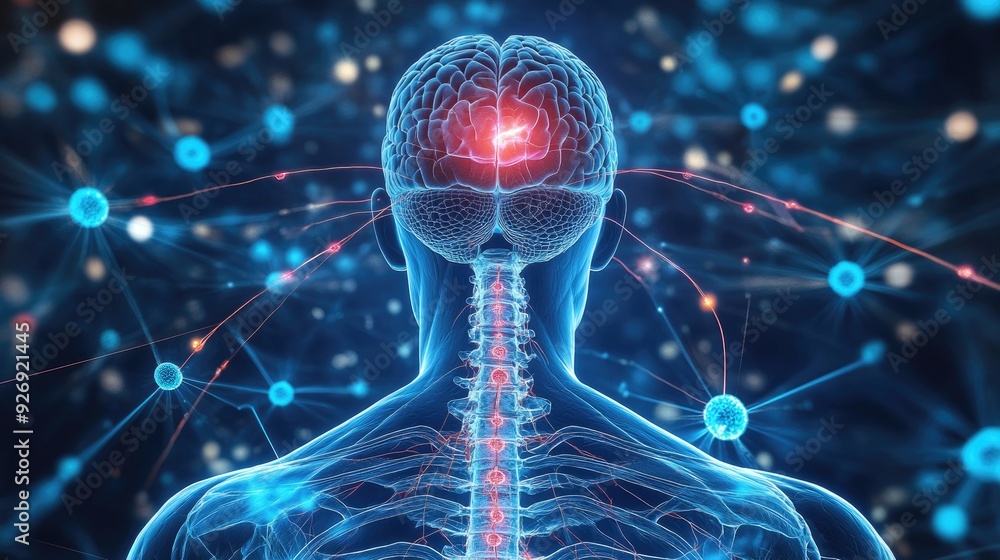 Nervous system, brain and spinal cord highlighted, intricate neuron ...