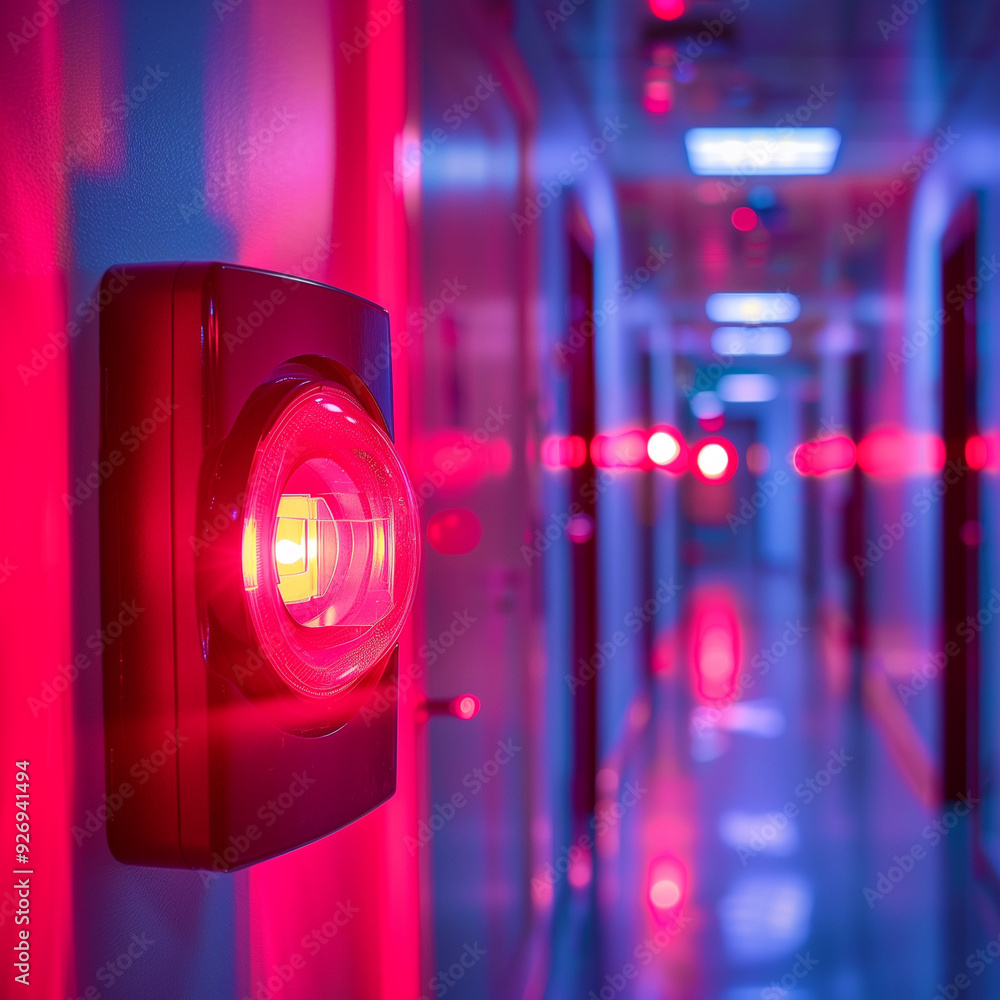 Emergency red light exit alarm on the wall in the building interior ...