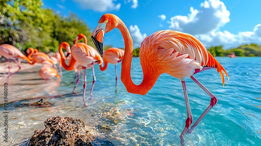 Photography of pink flamingos with long legs against a blue lagoon ...