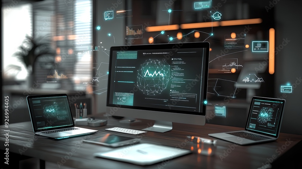 A modern workspace with multiple smart devices connected seamlessly ...