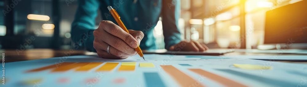 person writing on a chart with graphs in a modern office, highlighting ...