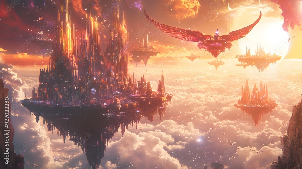 22. "A celestial city with floating islands and divine beings interacting amidst radiant light ...
