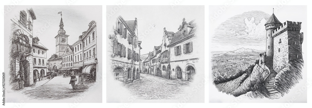 Three architectural drawings showcasing diverse styles of buildings in ...