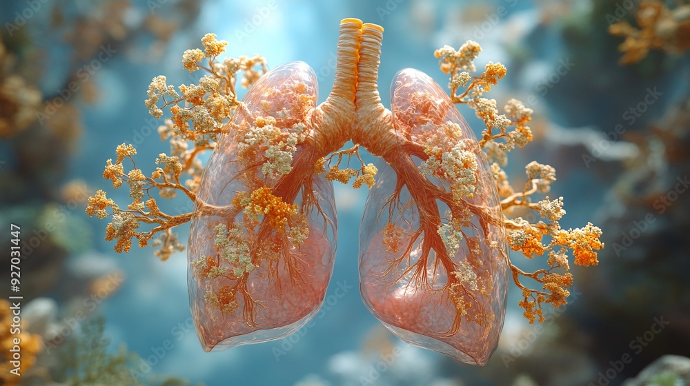3D Human Lungs with COPD: A detailed rendering showing the effects of chronic obstructive ...