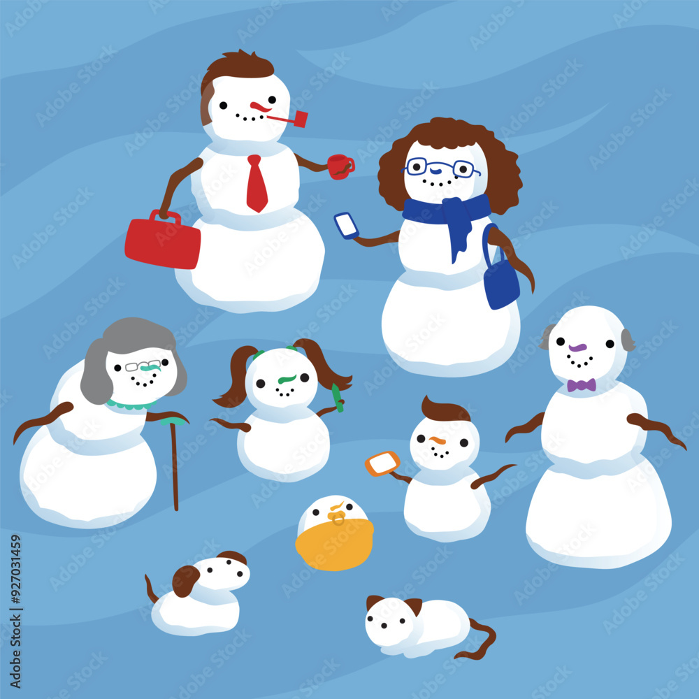 Fun cartoon illustration of snow family. Colorful mother father ...