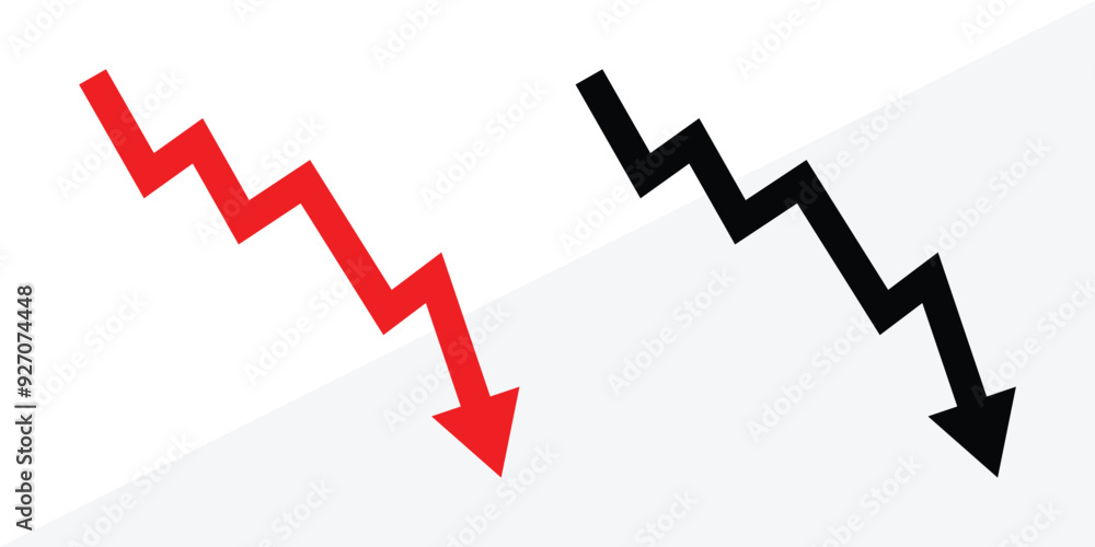 Business share market downfall red arrow. Businessman stick figure character downfall by dollar ...