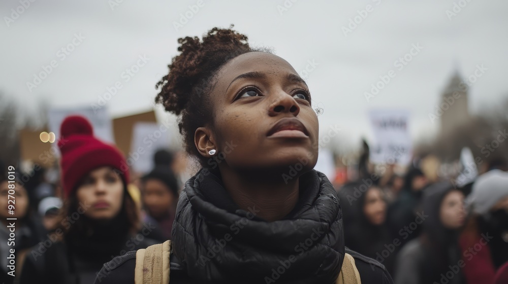 A young woman looks upward with determination during protest ...