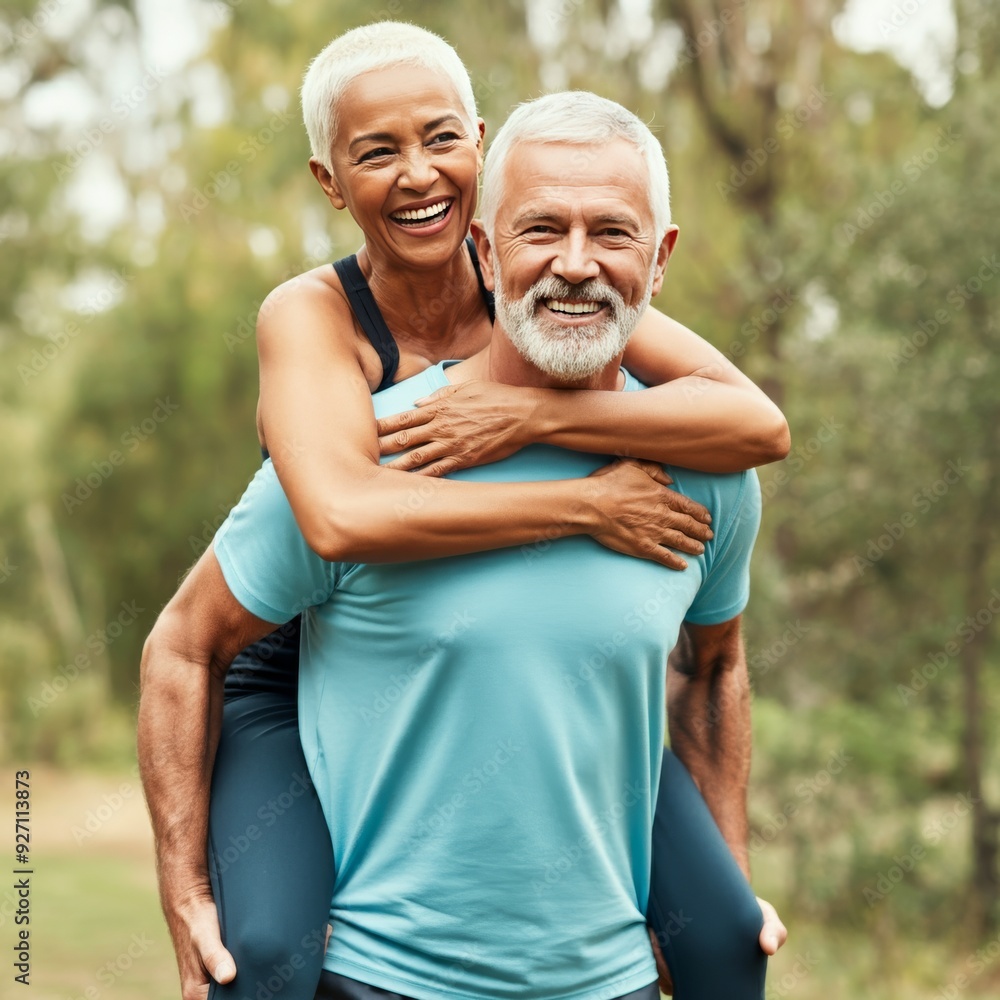 outdoor senior fitness woman man love active fun piggyback exercise ...