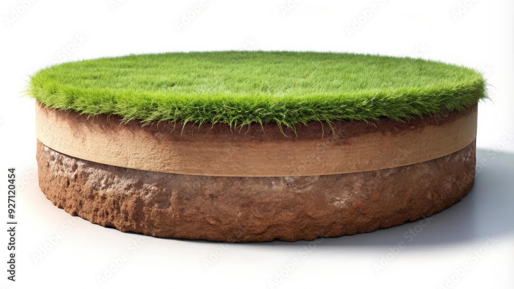 Round soil ground cross section with green grass, circle cutaway ...