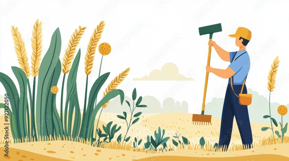 Detailed side view of a worker harvesting crops with a sickle ...