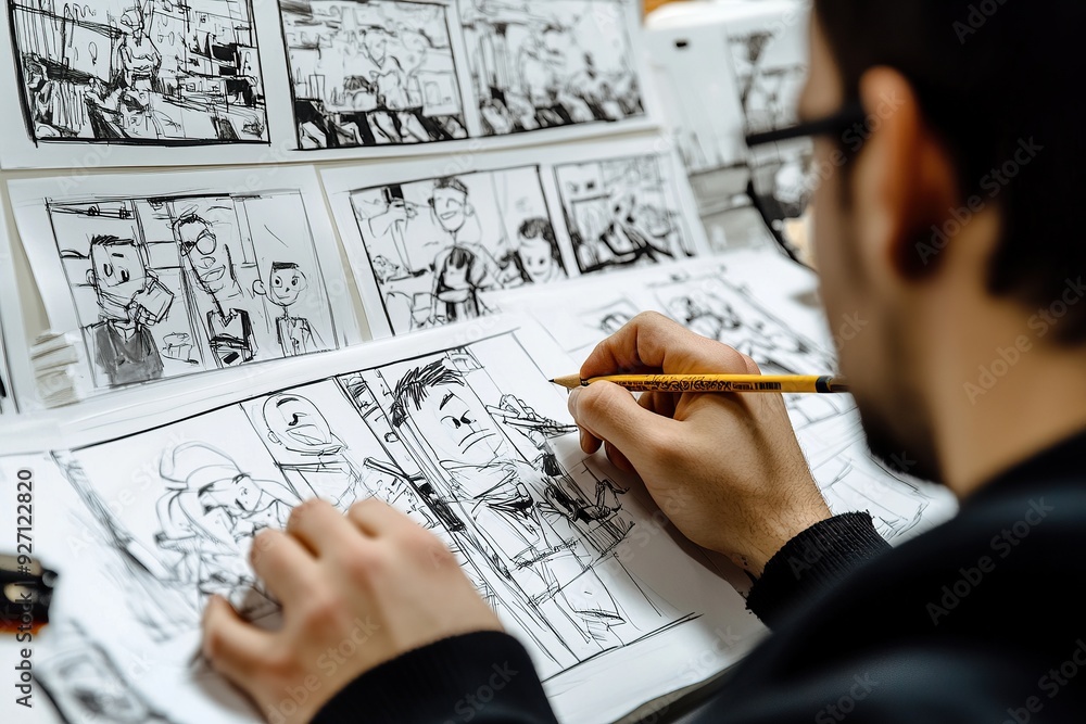 Artist sketching detailed storyboards for animated video project Stock ...