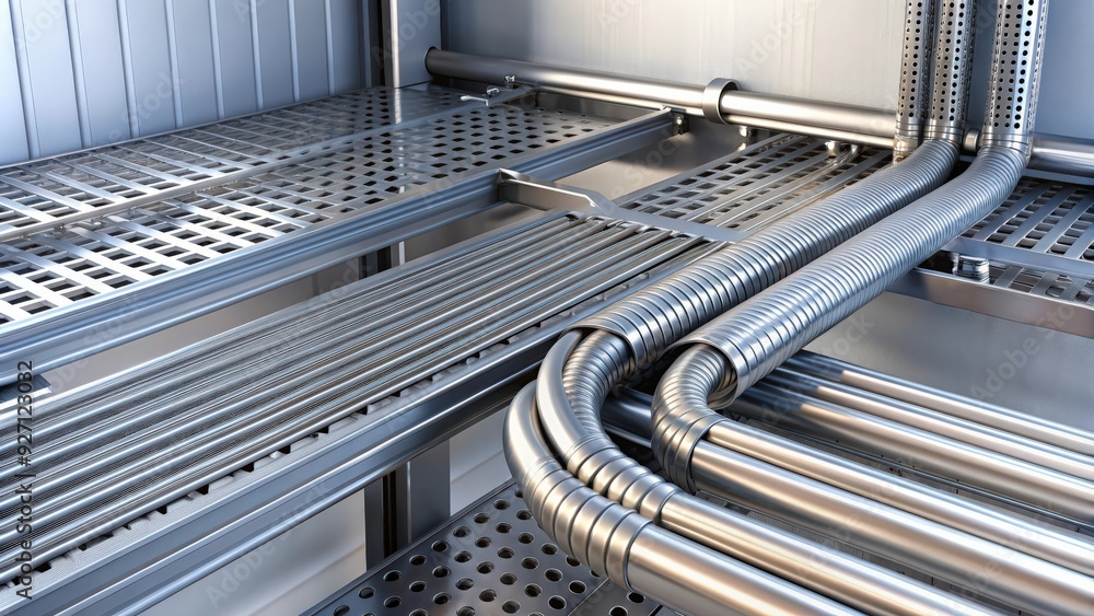 Metal pipes with flexible part and cable tray inlet, metal, pipes ...