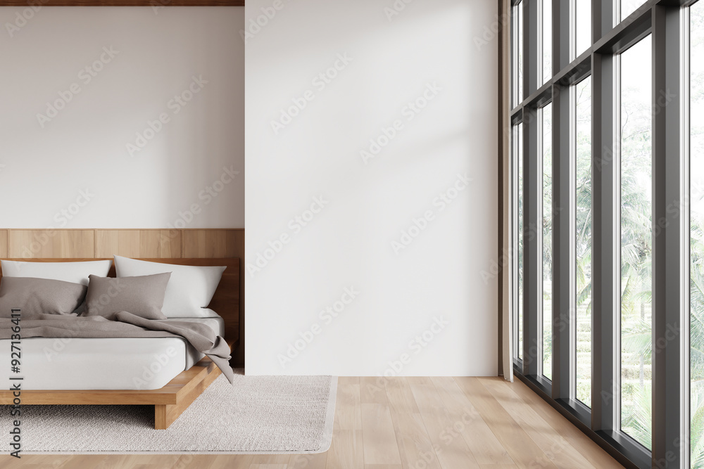 Modern hotel bedroom interior with bed near window, mock up wall Stock ...