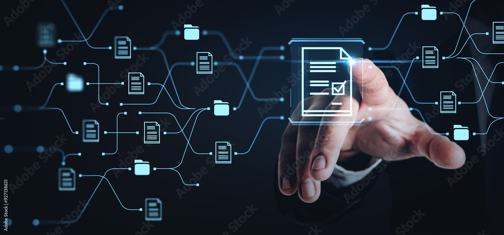 Digital document management system concept with hand interacting with virtual files. Stock Photo ...