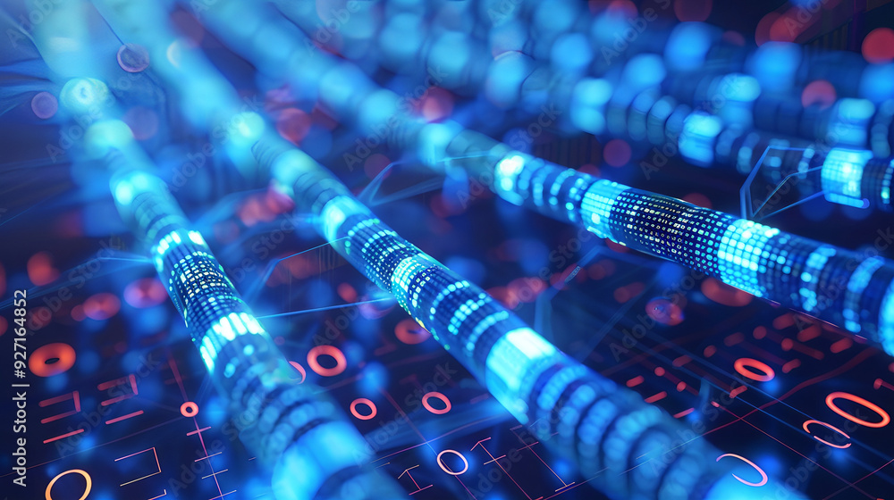Futuristic Digital Data Network: High-Speed Fiber Optic Cables and Binary Code Visualization for ...