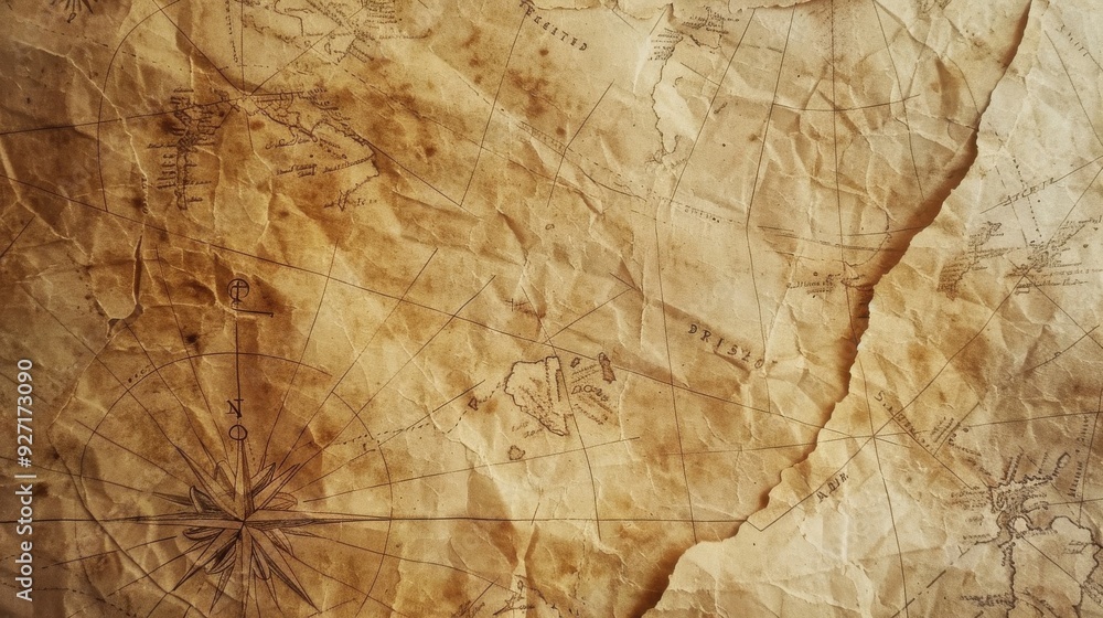 A close-up image of a weathered, torn nautical chart with a compass ...