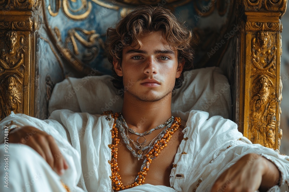 Handsome male model posing on ancient golden throne wearing jewelry ...
