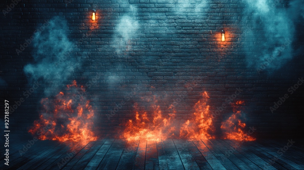 Brick wall with fire and smoke. This photo is perfect for creating a ...
