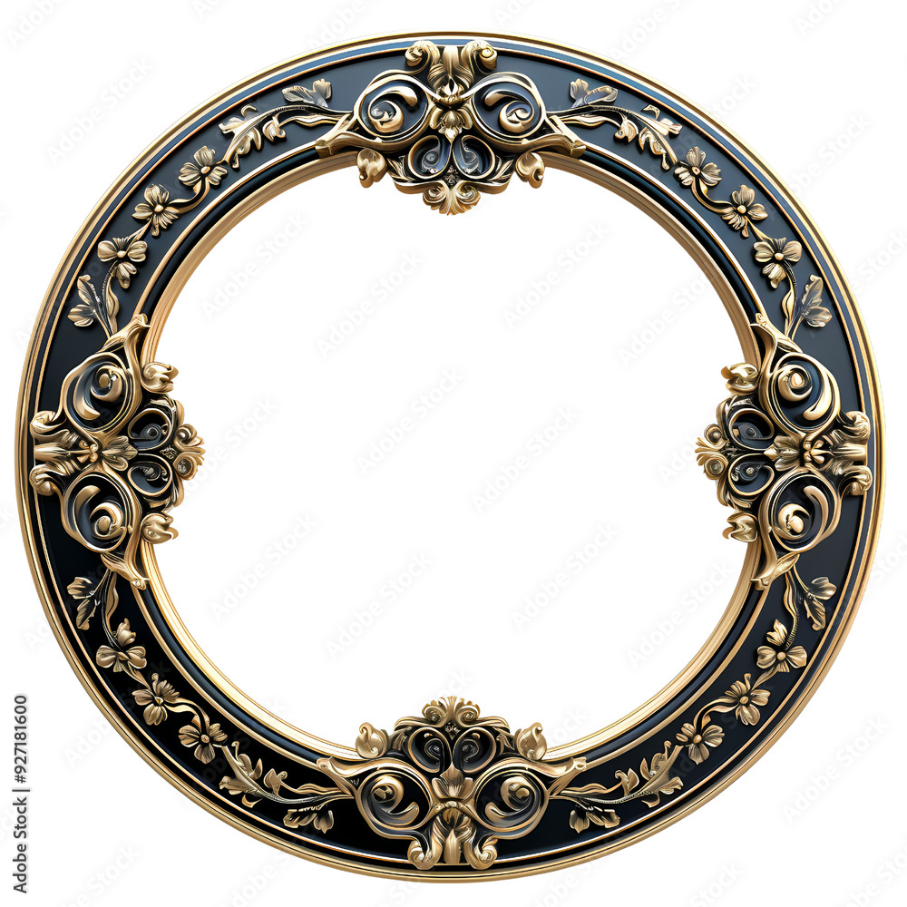 A circular ornate frame with gold and black transparent background ...