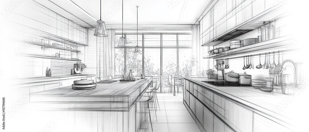 A hand-drawn sketch of a modern kitchen interior. The pencil drawing ...