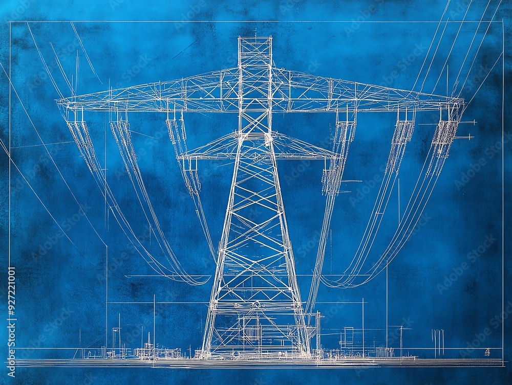 Artistic blueprint of a power transmission tower assembly Stock ...