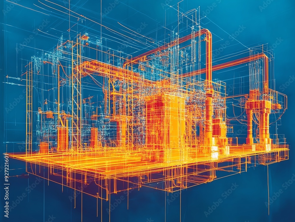 Blueprint of a smart grid substation, showing the patterned assembly of ...