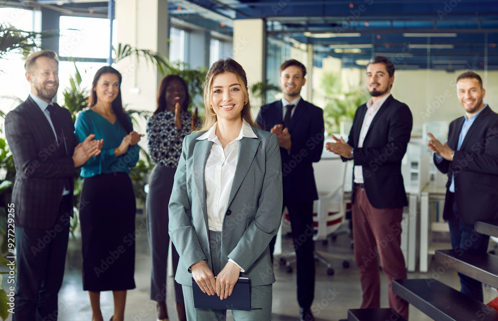 Happy smiling CEO in front of diverse office coworkers, subordinates in ...