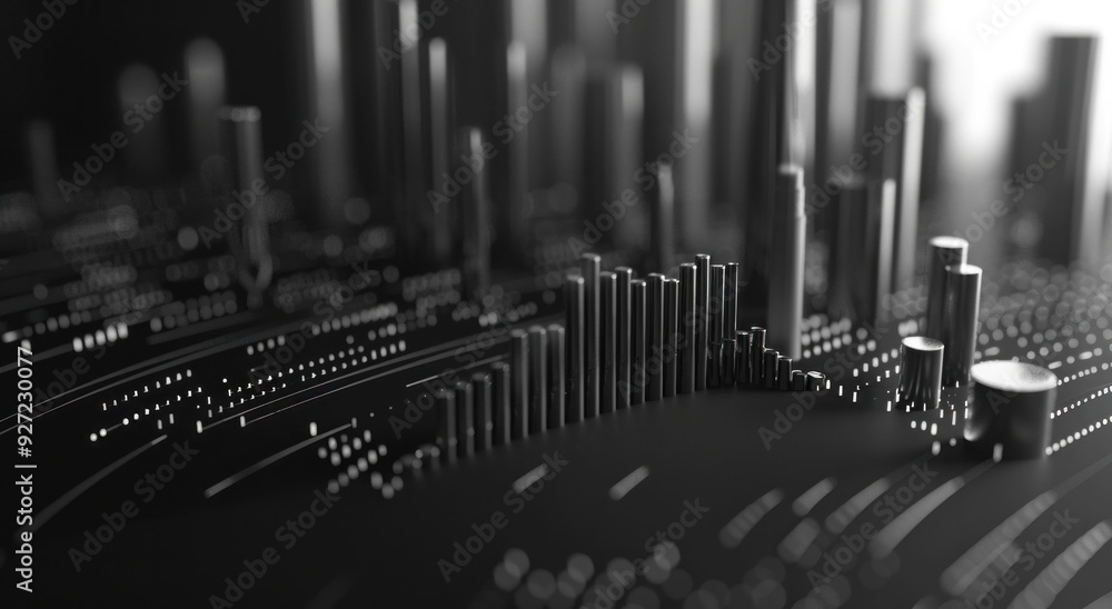 Abstract black and white digital landscape showcasing tall, sleek ...