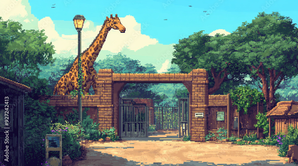 Ilustración de Stock 2d pixel art of zoo entrance, game art, 16-bit, 32 ...