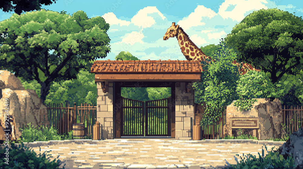 Ilustración de Stock 2d pixel art of zoo entrance, game art, 16-bit, 32 ...