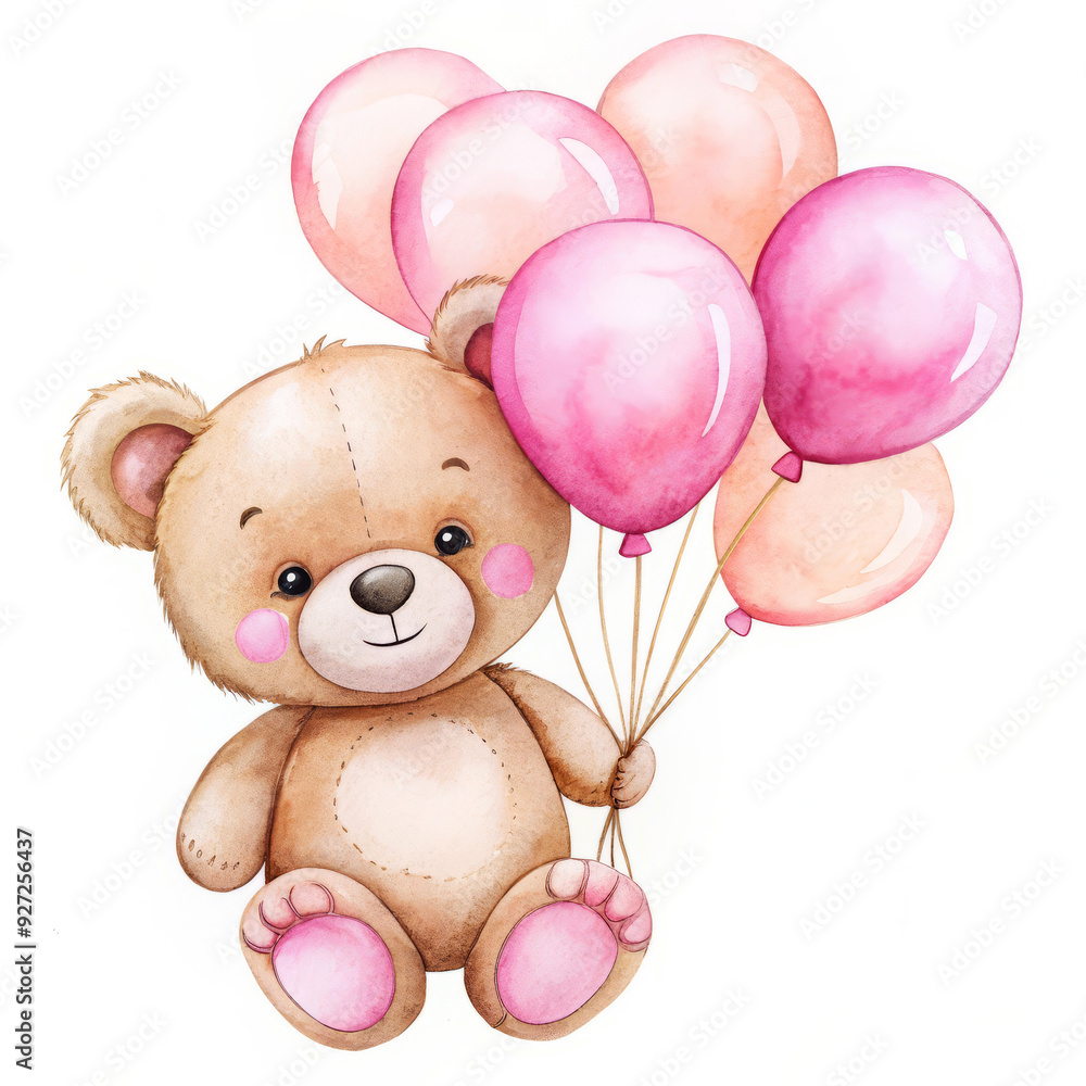 Cute Teddy Bear Holding Pink Balloons. Stock Illustration | Adobe Stock