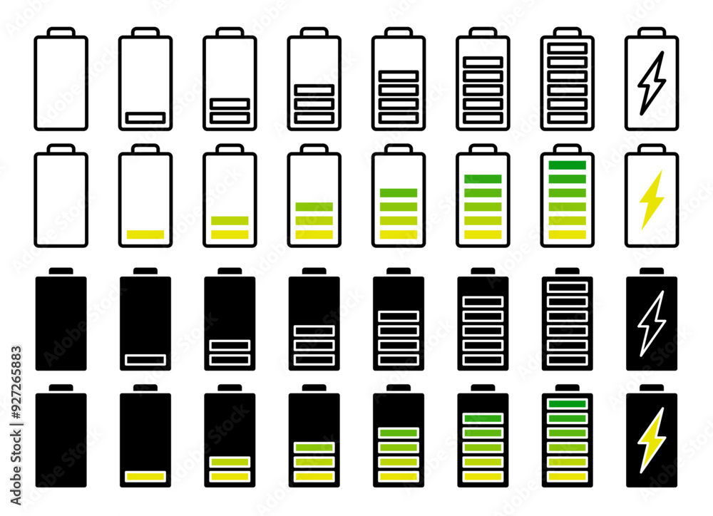 Battery icon set. 10%, to 50% and 100% accumulator electric battery ...