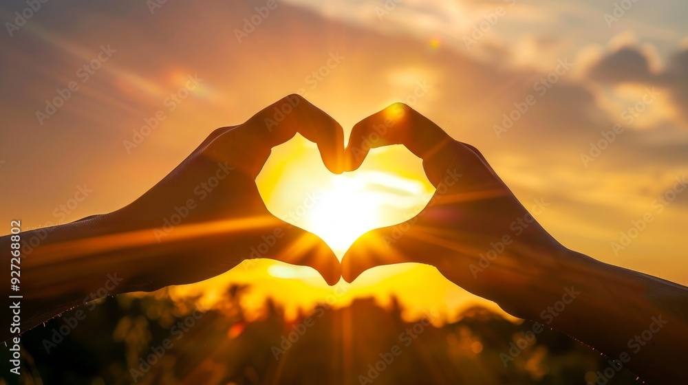 Sunset heart shape gesture. Silhouette of two hands forming a heart ...
