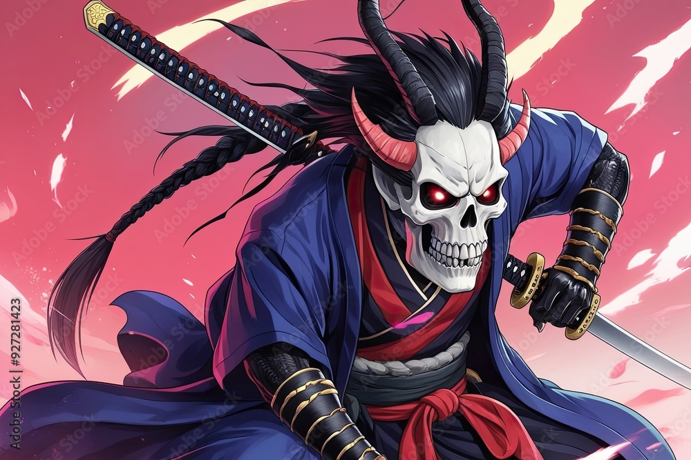 Japanese Oni Skull and Synthwave Katana Sword Artwork in Anime Style ...