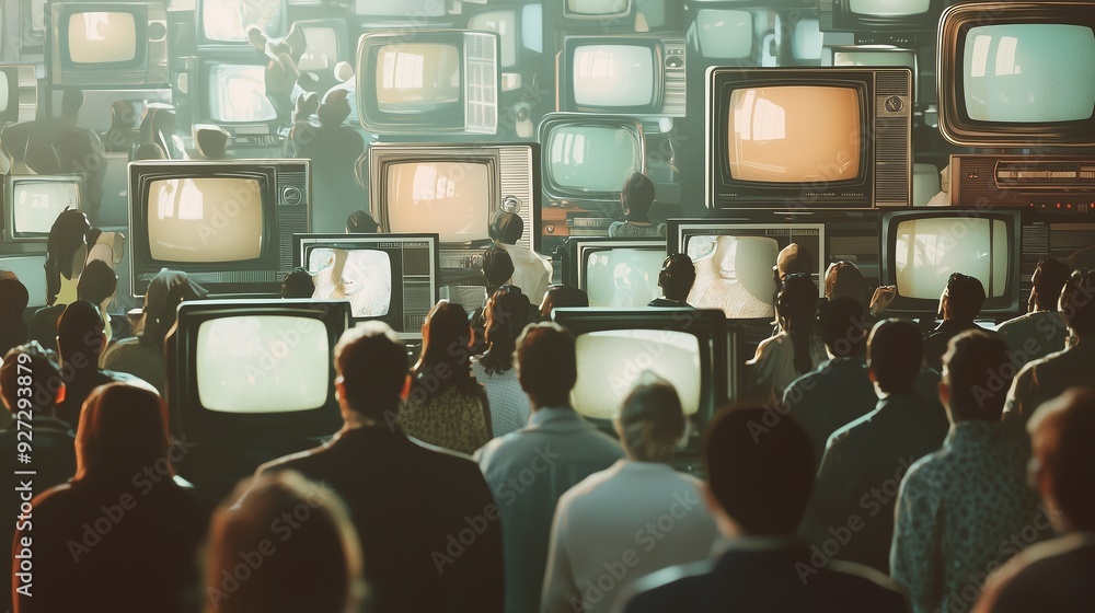 Crowd watching multiple tv screens, symbolizing media saturation and ...