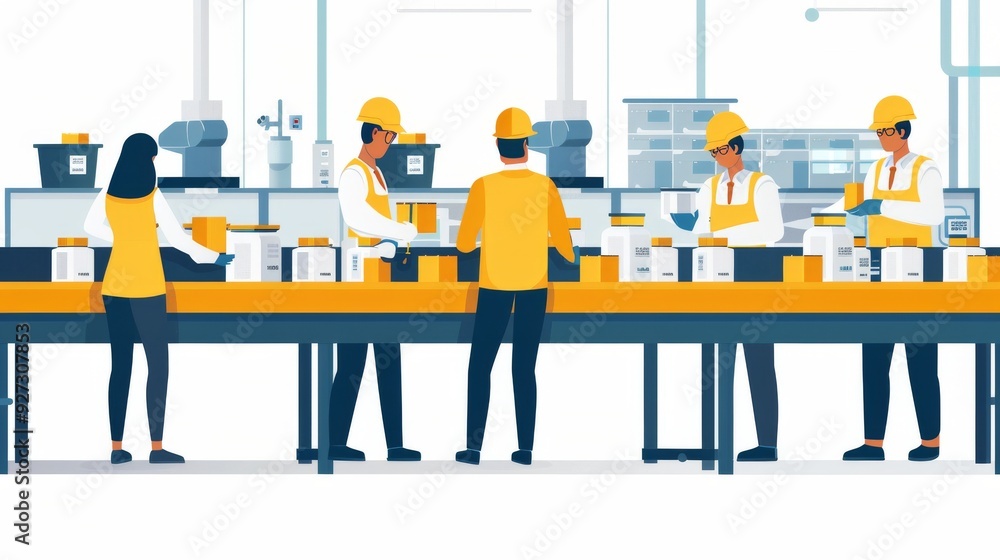 Cartoon vector image of employees inspecting items on a conveyor belt ...