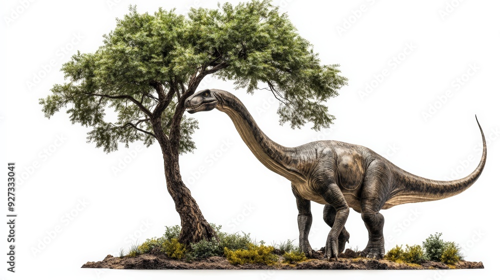 Realistic dinosaur model grazing near tree in natural landscape ...