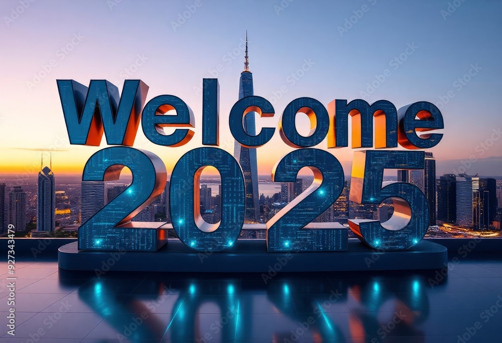 3D rendering of the text 'Welcome 2025' designed in a futuristic style ...