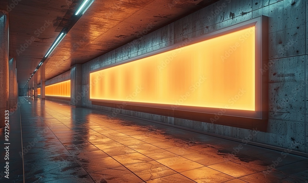 A modern designer wall features an empty white mock-up billboard in an ...